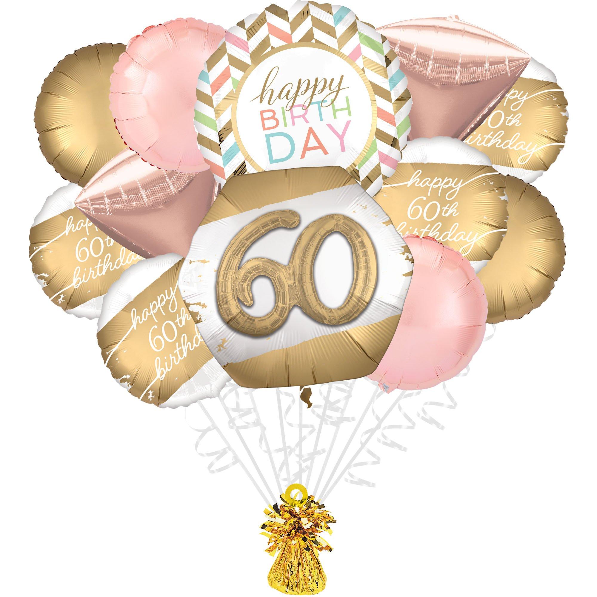 Premium Golden Age 60th Birthday Foil Balloon Bouquet with Balloon Weight, 13pc | Party City